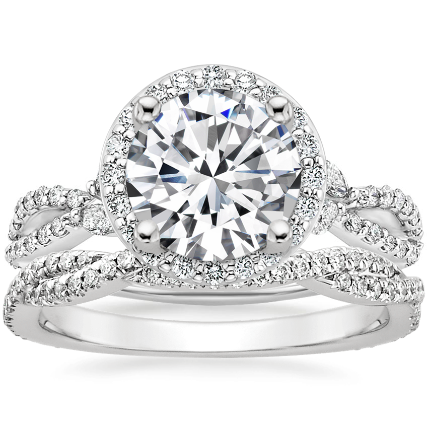18K White Gold Luxe Willow Halo Diamond Ring 2 5 ct. tw. with Petite Luxe Twisted Vine Diamond Ring 1 4 ct. tw